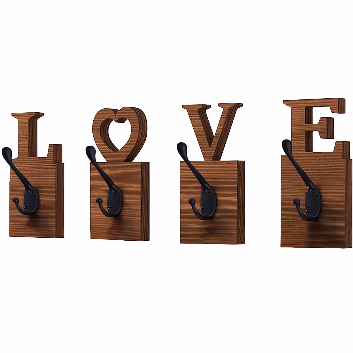 Rustic Coat Hooks for Hanging Keys, Hats or Bathroom Towels – Set of 4 Wall Mounted Wooden Hangers for Entryway, Modern Farmhouse Industrial Black Metal & Wood Home Décor, Love Sign Wedding Gift