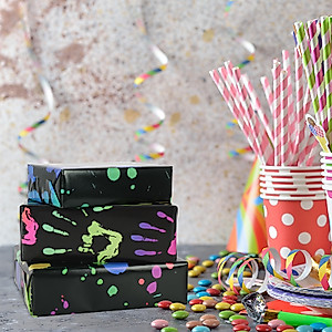 AnyDesign 12 Sheet Colorful Wrapping Paper 4 Design Black Neon Art Packaging Paper Folded Flat DIY Art Craft Paper for Glow Party Birthday Party Baby Shower DIY Gift Wrap, 19.7 x 27.6 Inch