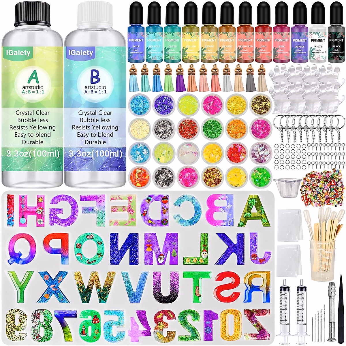 Resin Alphabet Mold Starter Kit 169 Pcs Letter Silicone Keychain Molds Reversed Backward Number Molds with Epoxy Resin Mold Pigments Tools for Epoxy Resin Beginners Adults Kids Jewelry Earring Pendant