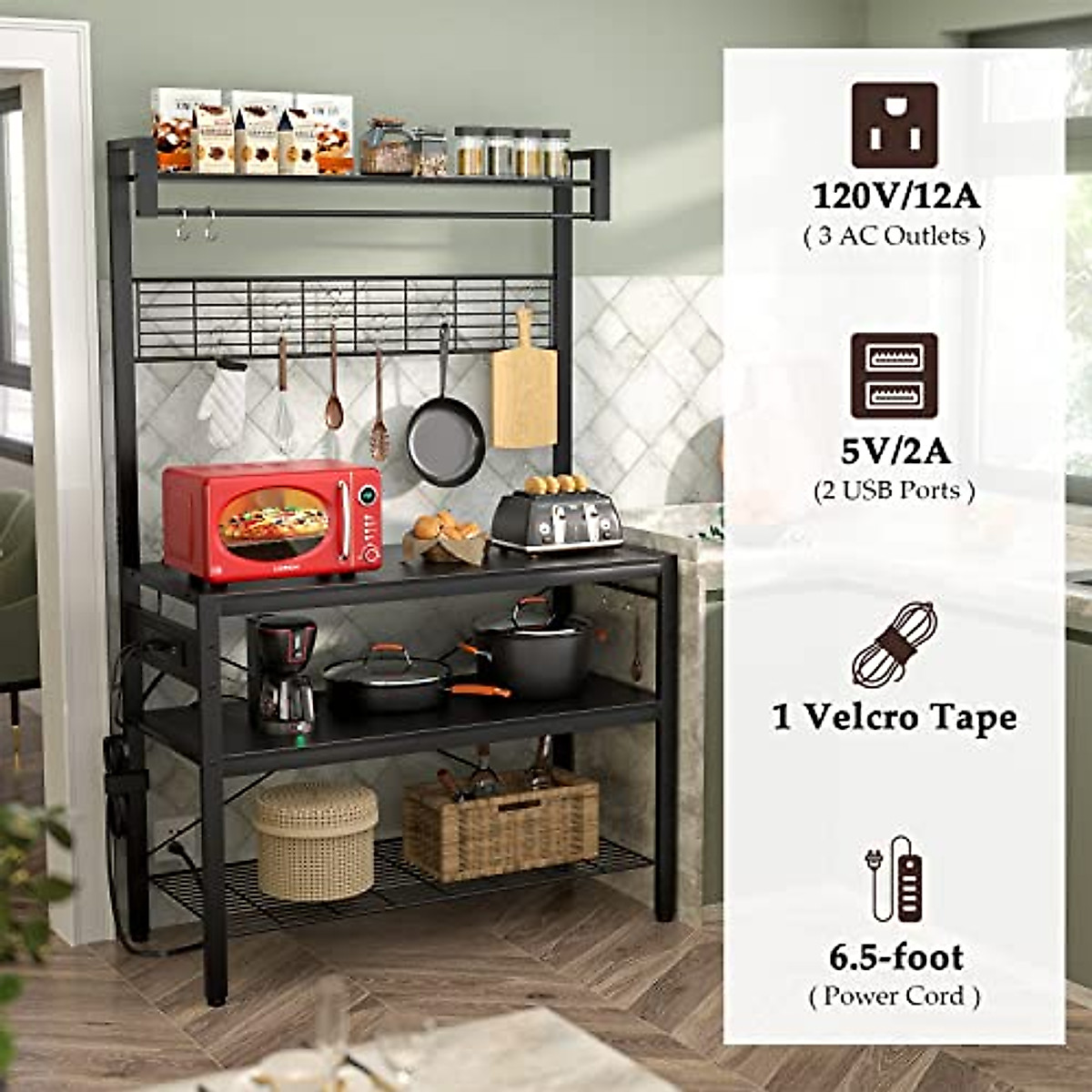 Bakers Rack with Power Outlet, 4-Tier Microwave Oven Stand, Coffee Bar Station with 10 Hooks, Large Kitchen Storage Shelf with Hutch, Black