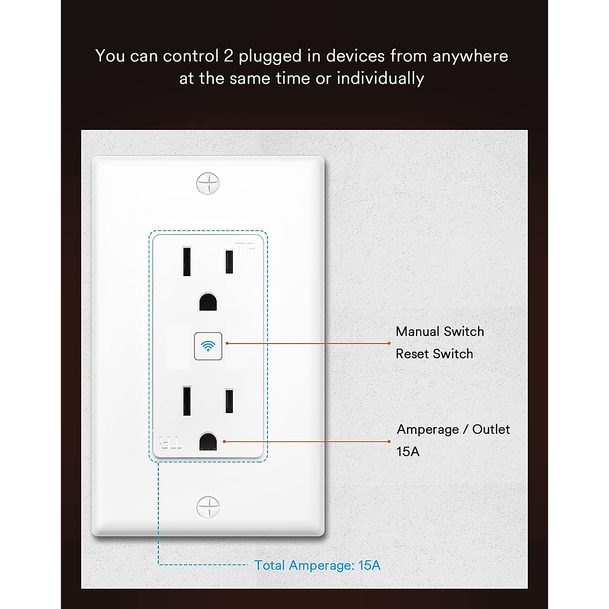 Smart WiFi in-Wall Outlet 15 Amp Tamper Resistant Split Duplex Receptacle - 2 Plugs, Compatible with Alexa, Google Home (No Hub Required)
