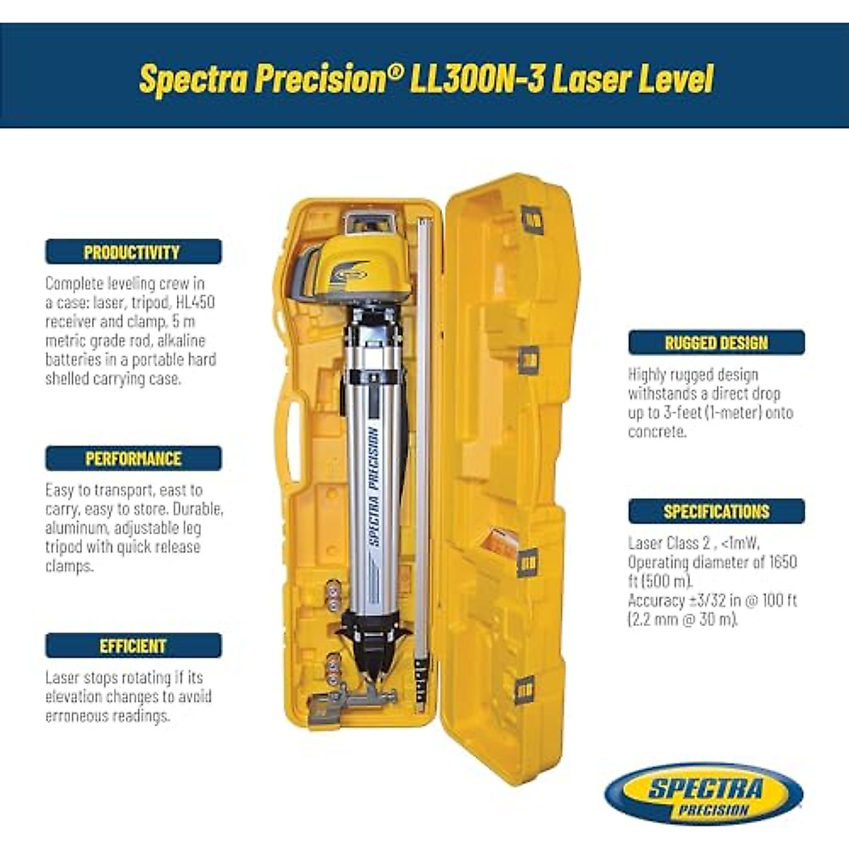 Spectra Precision LL300N-3 Laser Level, Self Leveling Kit with HL450 Receiver, Clamp, 4.7 Meter Grade Rod / Metric and Tripod , Black