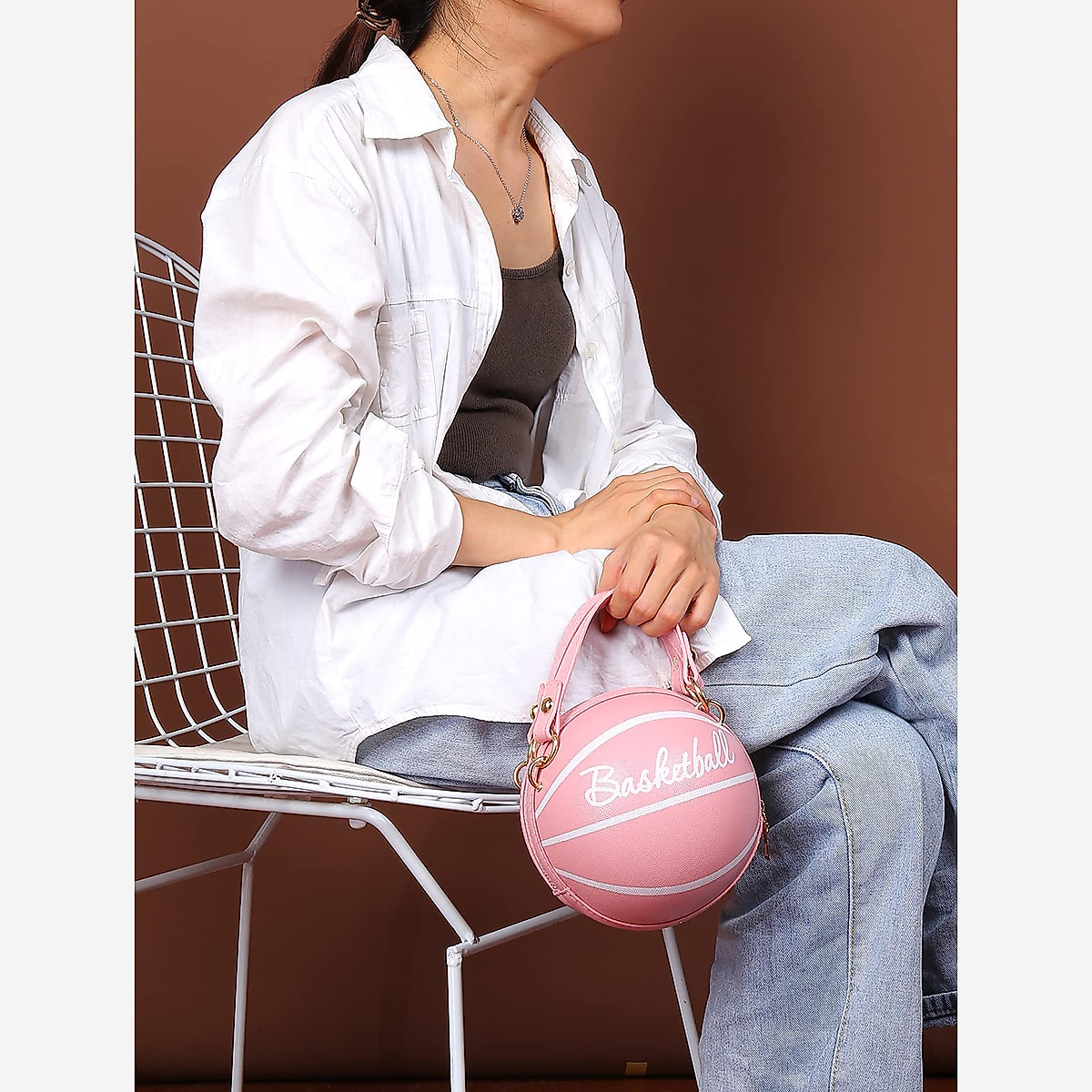 OHIW Women's basketball shoulder bag Messenger Bag handbag mini round bag PU bag, Zipper closure, suitable for women (pink)