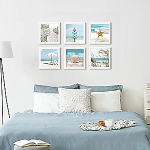 Beach Wall Art for Bathroom: Ocean Seashell Framed Picture and Coastal Seascape Seaweed Artwork landscape Painting Print on Seaside Photo Bedroom Living Room (13''x13'')