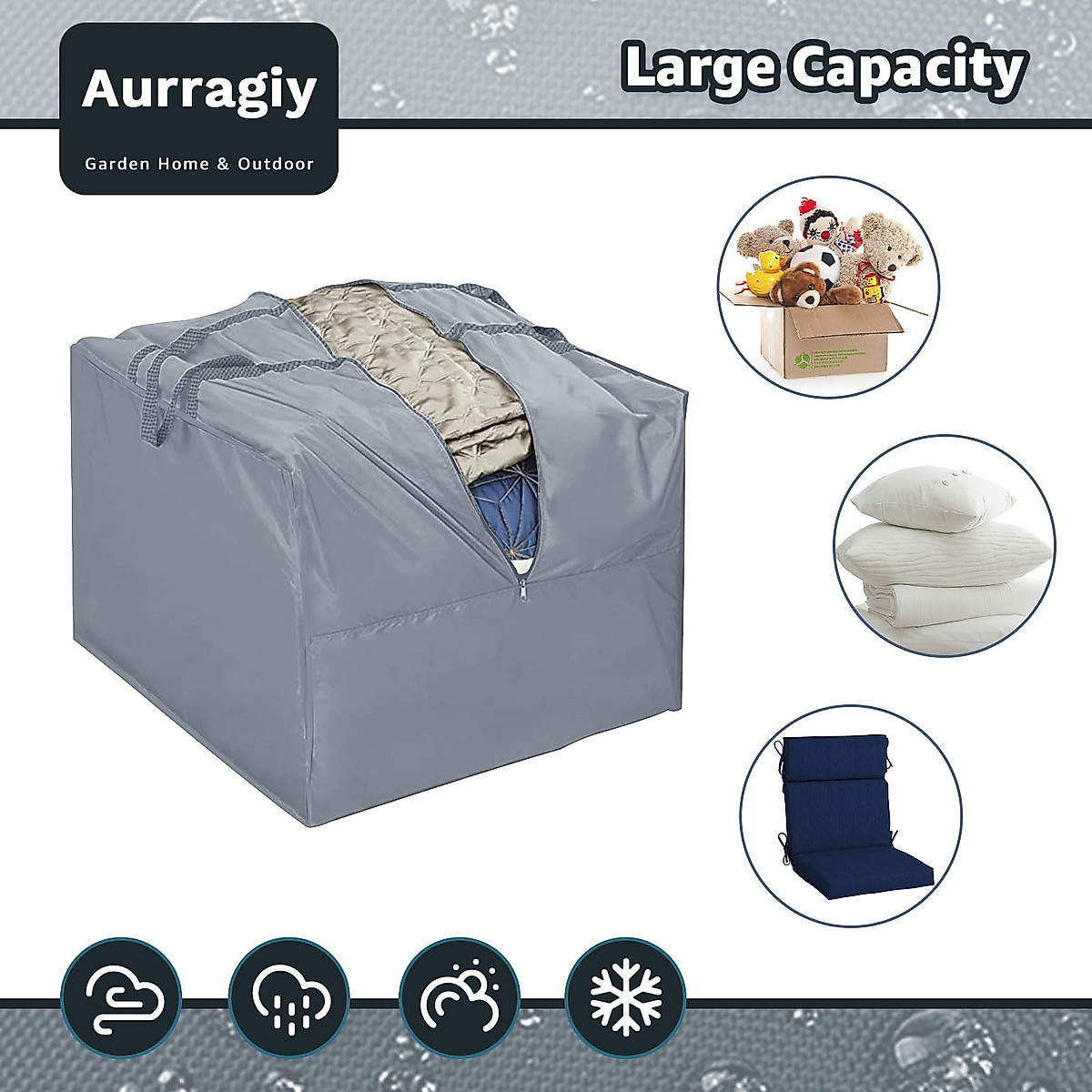 Outdoor Cushion Storage Bag Square Cushion Storage Bags Water Resistant All Weather Protection with Zipper and Handle Garden Furniture Cushion Carrying Bags-81x81x61cm/32"L x 32" W x 24" H (Grey)