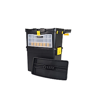 Erie Tools Portable Rolling 2-Tiered Organizer Storage Box with Foldable Auto-Locking Handle and Detachable Storage Compartment for Crafts Toys Fishing Tools