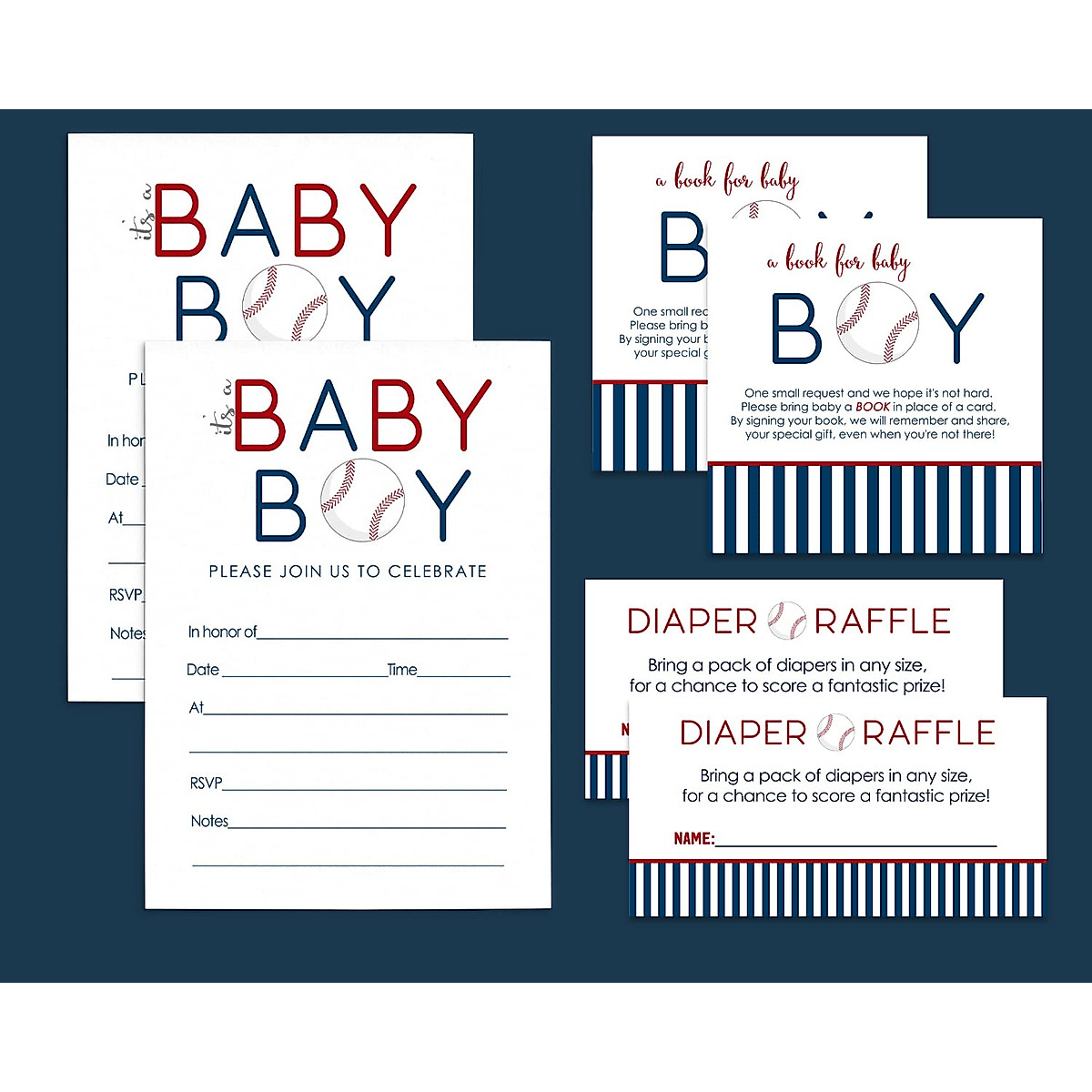 Paper Clever Party Baseball Baby Shower Invitation Bundle with Blank Invites with Envelopes for Boys Diaper Raffle Insert Bring a Book Cards Set (25 of each) Sports Theme Red and Blue Gender Reveal