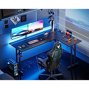 MOTPK L Shaped Gaming Desk with Led Lights, 55 Inch Gaming Computer Desk with Carbon Fiber Texture, Pc Gaming Table with Power Outlet and Headphone Hook, L Desk for Gaming, Black