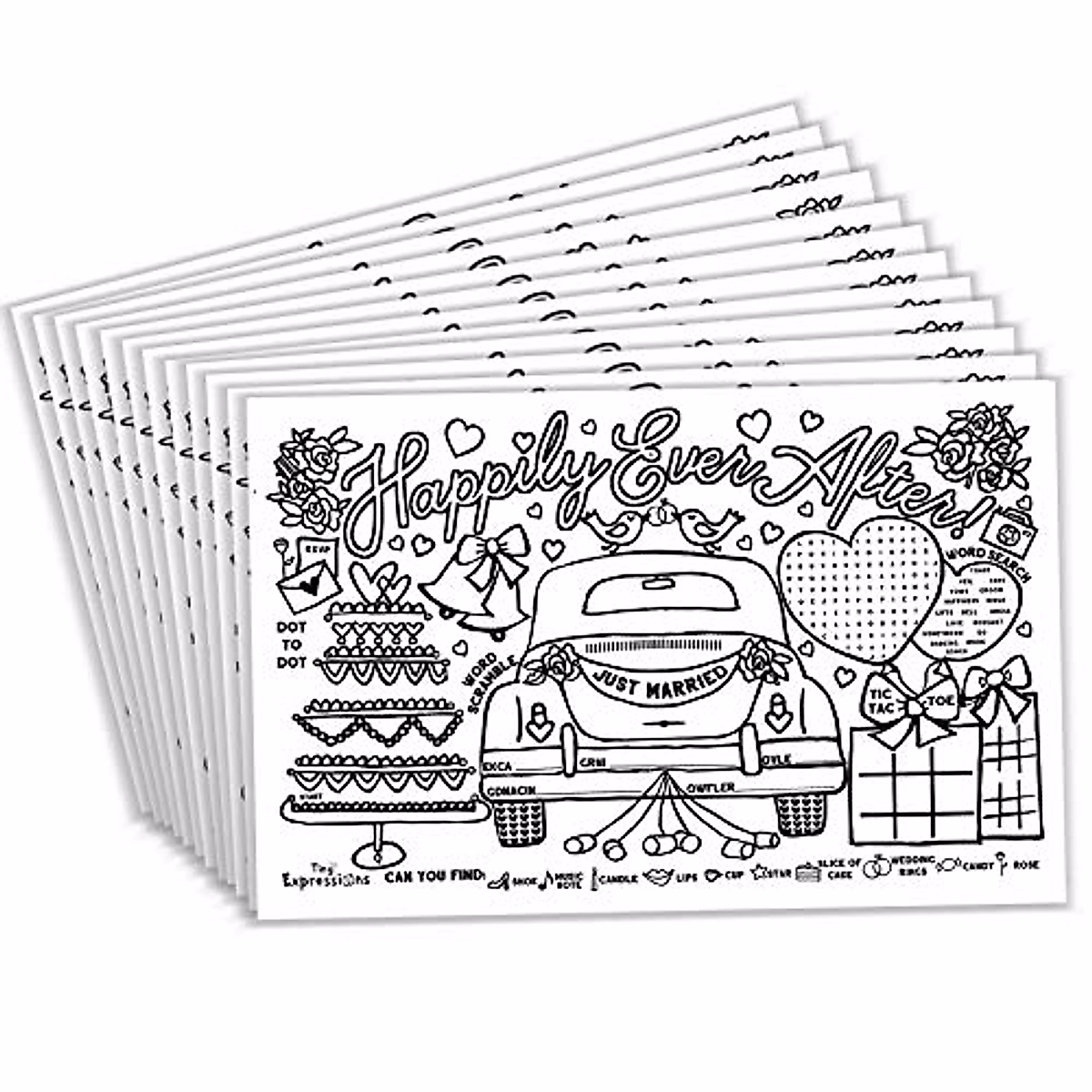 Tiny Expressions – Wedding Activity Placemats for Kids (Pack of 12 Wedding Placemats) | Coloring Activity Paper Mats for Kids Table | Disposable Bulk Bundle Set (12 Paper Placemats)