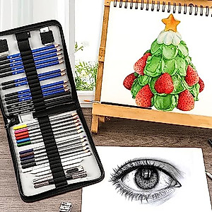 KALOUR Sketching Coloring Art Set - 38 Pieces Drawing Kit with Sketch Pencils,Watercolor Pencils,Charcoal,Brush,Eraser -Portable Zippered Travel Case - Art Supplies for Artists Beginners Adults Kids