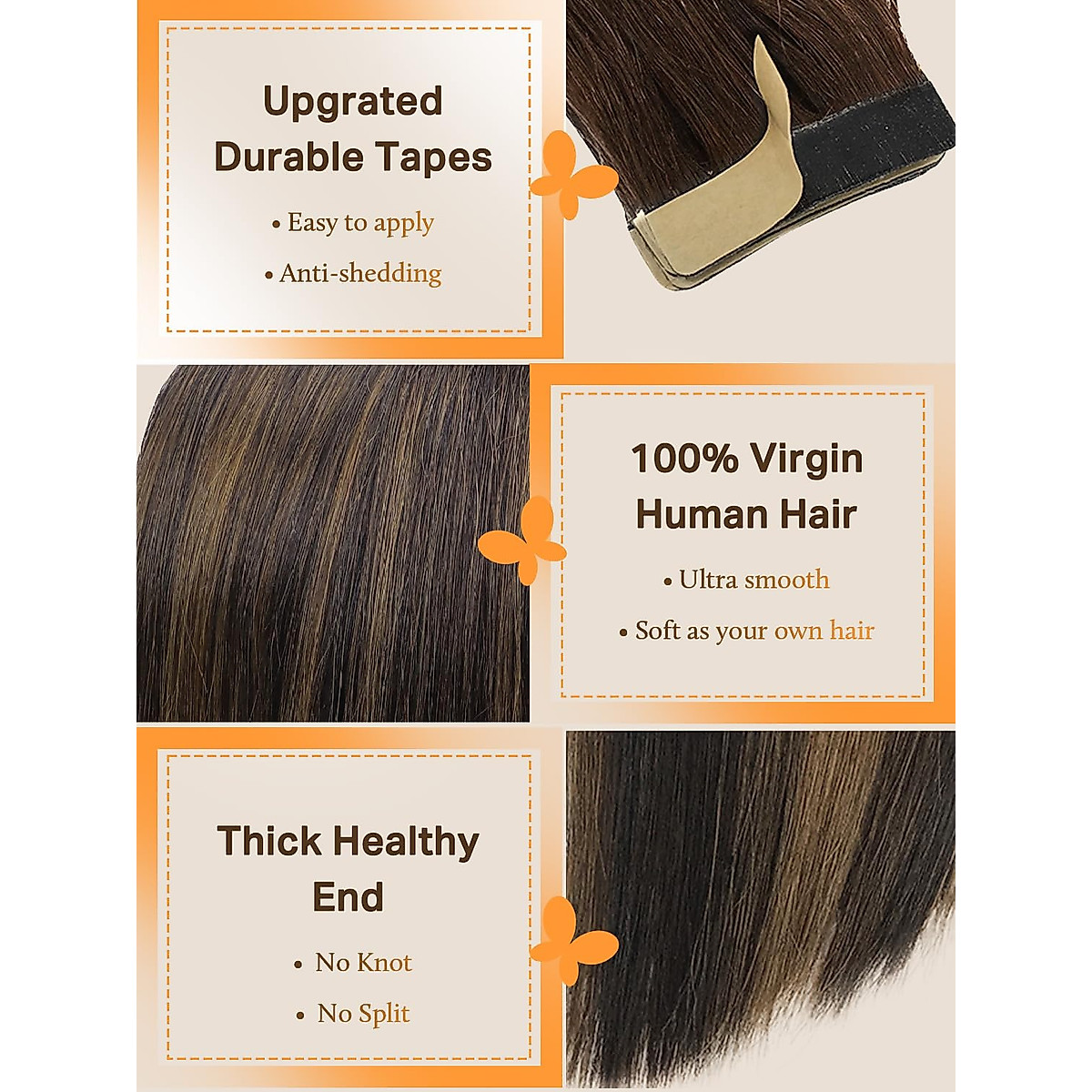 DOORES Tape in Hair Extensions Human Hair, Balayage Dark Brown to Chestnut Brown 50g 20pcs 18 Inch, Human Hair Extensions Natural Hair Extensions Remy Straight Hair Skin Weft