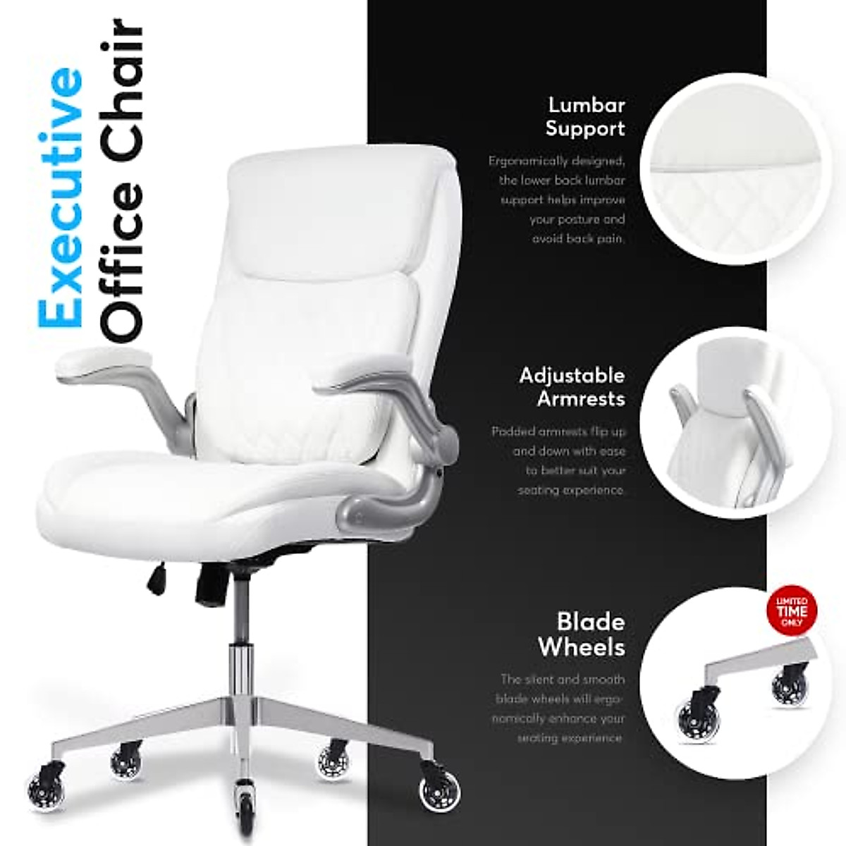 Oline Ergonomic Executive Office Chair - Rolling Home Desk PU Leather Chair with Adjustable Armrests, 3D Lumbar Support and Blade Wheels - Computer Gaming Swivel Chairs (White)