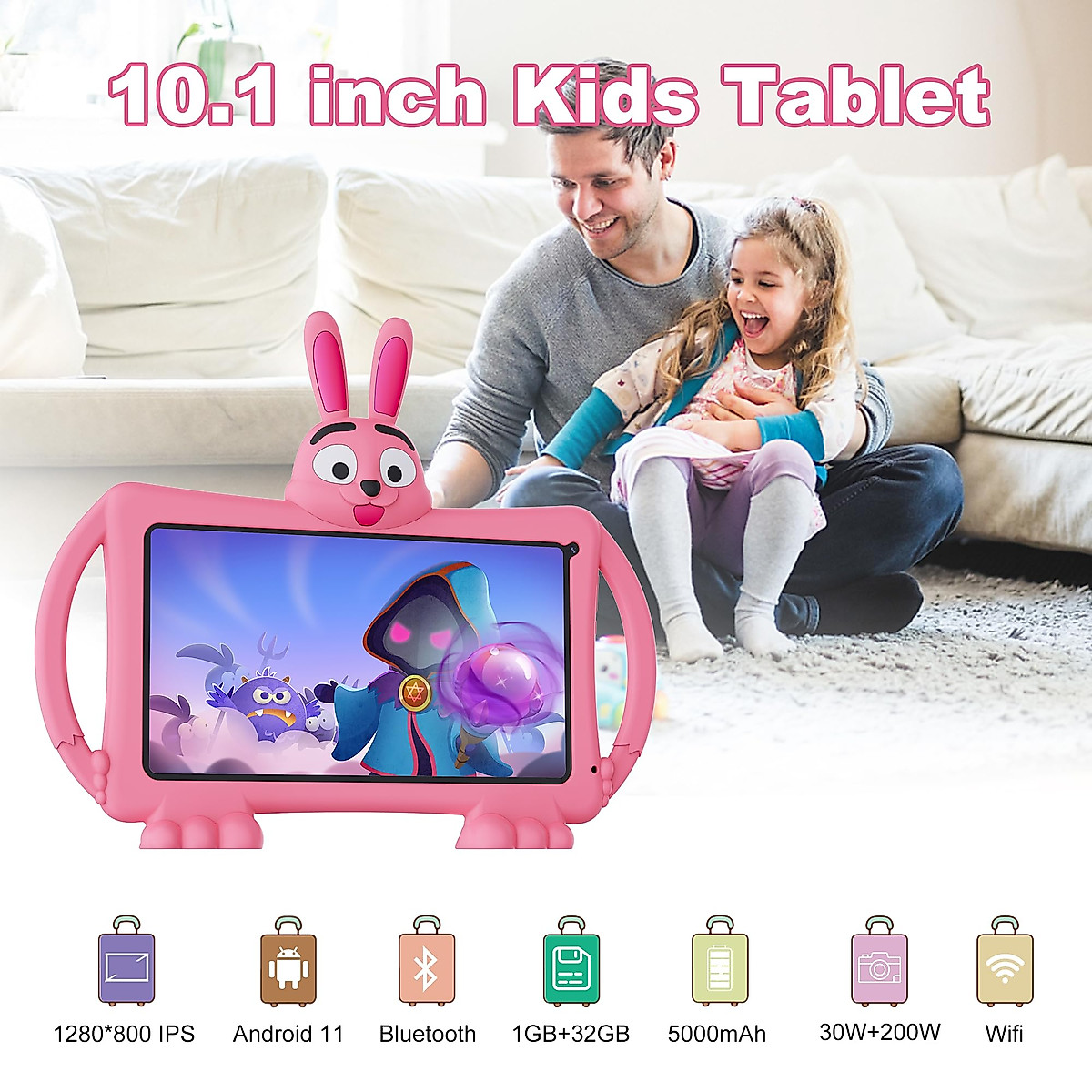 10.1 inch Kids Tablet, Android 11 Tablet for Kids, 32GB ROM,5000mAh Battery, Toddler Tablets with Bluetooth, WiFi, Parental Control, Dual Cameras with Shockproof Case(Pink)