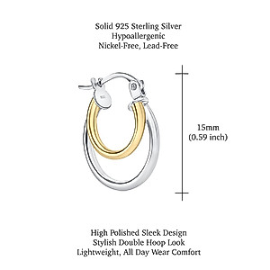 Hoops & Loops Yellow Gold Flash Sterling Silver Two-Tone Double Circle Round-Tube Polished Hoop Earrings, 15mm