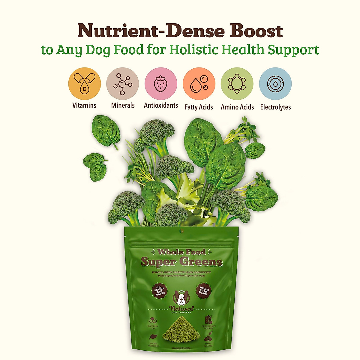 Natural Dog Company Dog Food Topper, Super Greens Dog Multivitamin Powder, Dog Vitamins and Supplements, Boost Immunity & Digestion, Dog Wellness Granules, Nutrient-Rich Food Topper for Dogs, 8 oz