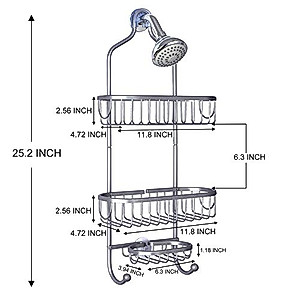 Lycklig Rust-Proof Shower Caddy over Shower Head Aluminum Shower Caddy, Hanging Shower Caddy with Extra Basket for Soap and 2 Hooks for Bath Loofah, Gray