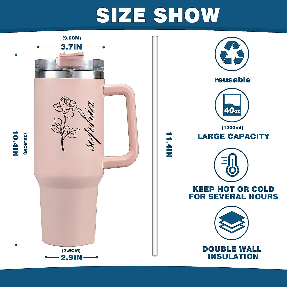 Custom Tumbler Personalized Tumbler with Name Birth Flower 40 Oz Customized Insulated Tumbler Mug Cup with Lid and Straw-Personalized Gifts for Women