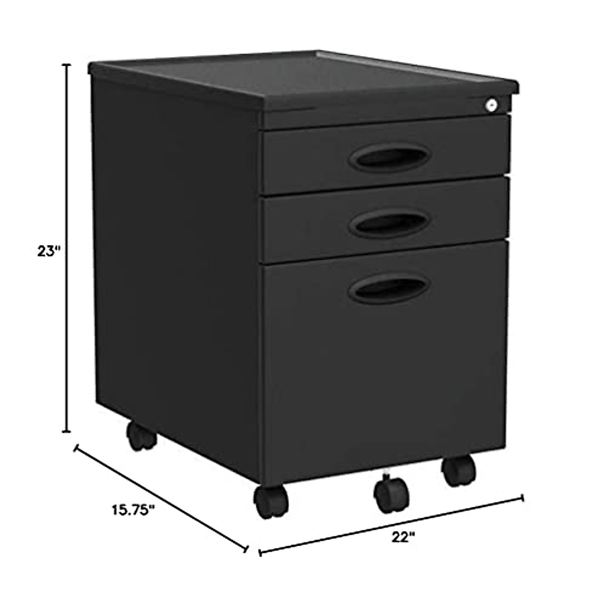 Calico Designs Metal Full Extension, Locking, 3-Drawer Mobile File Cabinet Assembled (Except Casters) for Legal or Letter Files with Supply Organizer Tray in Black