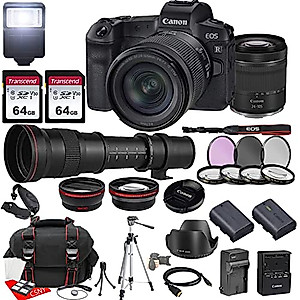 Canon EOS R Mirrorless Camera w/RF 24-105mm f/4-7.1 is STM Lens + 420-800mm f/8.3 HD Manual Telephoto Lens + 2X 64GB Memory + Hood + Case + Filters + Tripod + More (35pc Bundle)