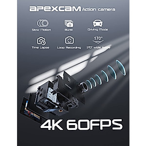 Apexcam 4K 60FPS Action Camera EIS Stabilization 20MP Sports Cam 40M Waterproof Underwater Camera 8X Zoom Support External Mic with Remote Control 2 x 1350mAh Rechargeable Batteries…