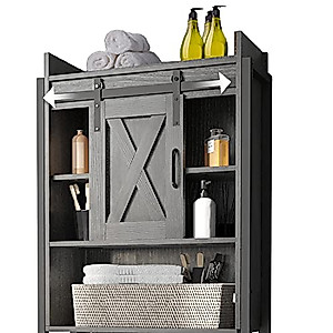 SOSPIRO Farmhouse Over The Toilet Storage with Sliding Barn Door, Freestanding Bathroom Organizer Over Toilet Storage Cabinet with Adjustable Shelf, Metal Frame Space Saver Toilet Stands, Grey