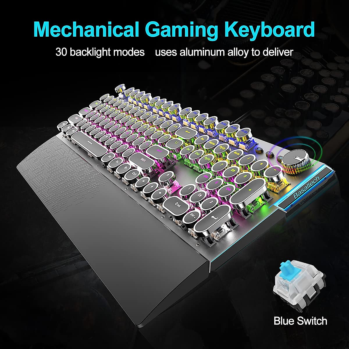 Basaltech Typewriter Style Mechanical Keyboard and Mouse Combo, Gaming Keyboard with Collapsible Wrist Rest, RGB Backlight Blue Switch Metal Penal, Round Keycaps Keyboard for PC
