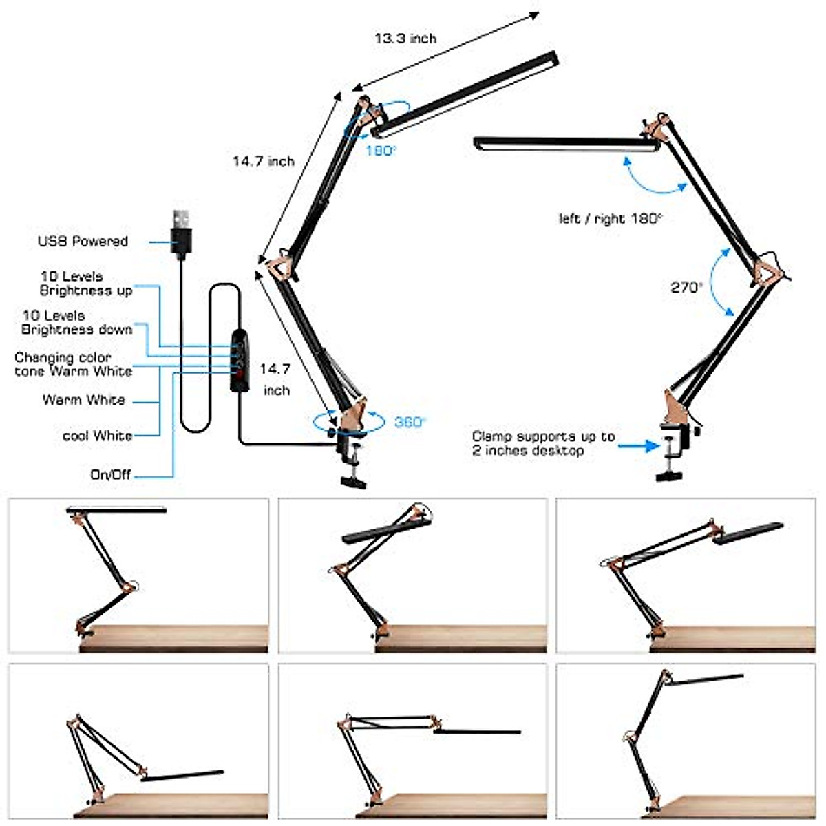 AXUF LED Desk Lamp, Metal Swing Arm Desk Lamp with Clamp, Eye-Caring Architect Desk Light, Dimmable Table Lamp with 3 Color Modes 10 Brightness Levels & Adapter, Memory Function, Rose Gold + Black
