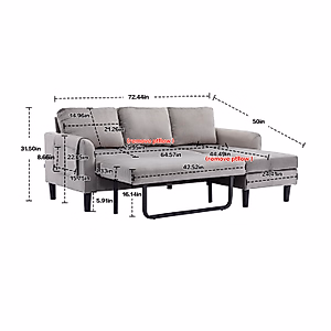 JINS&VICO Sectional Sofa Couch with Storage Chaise, Convertible Sleeper Couch with Side Pocket, Pull-Out Sofa Bed with Sturdy Plastic Legs for Living Room, Study Room, Weight Capacity 600 LBS