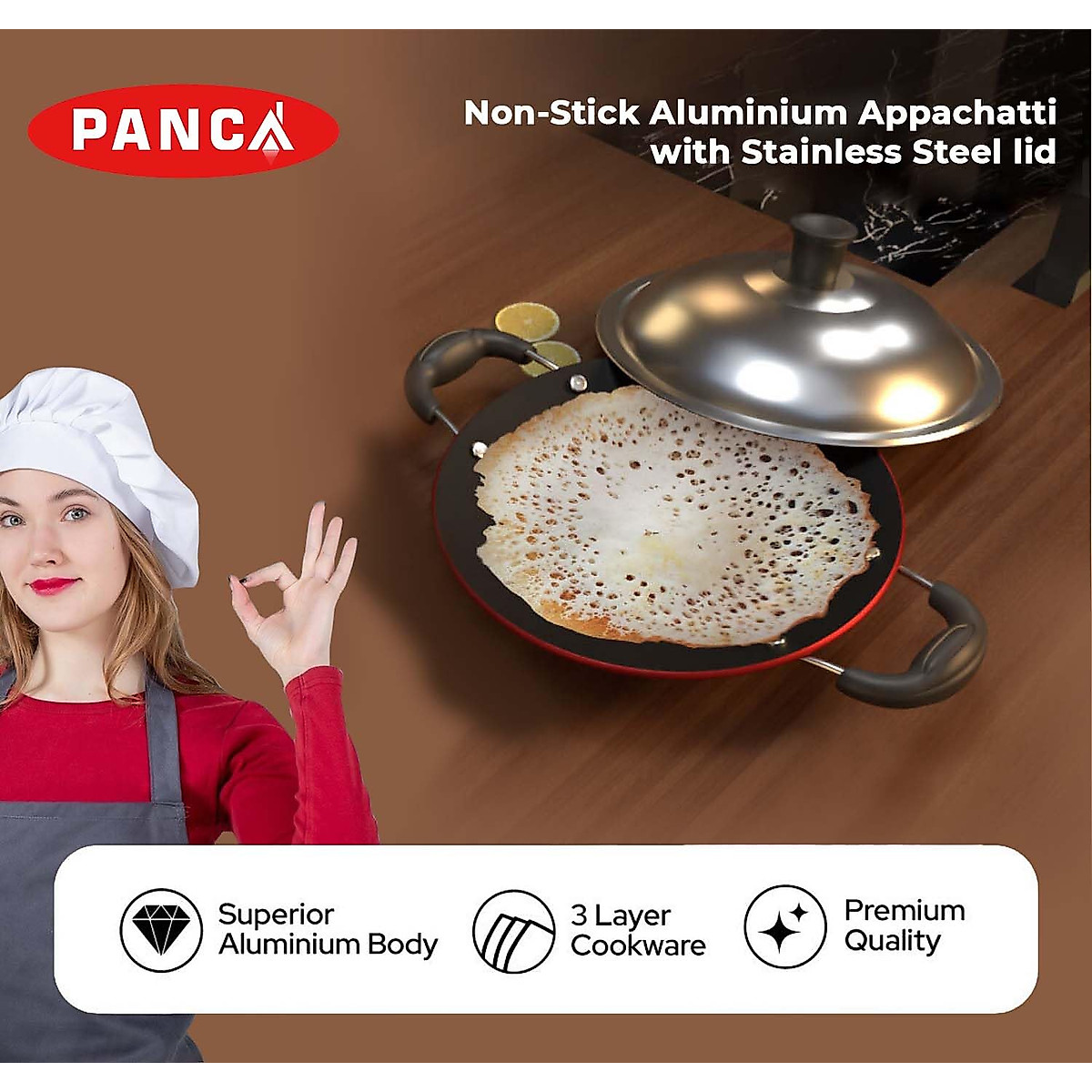 PANCA Non-Stick Aluminium Appachatti with Stainless Steel lid, 2.6mm, Red/Black, 23cm, Gas Compatible