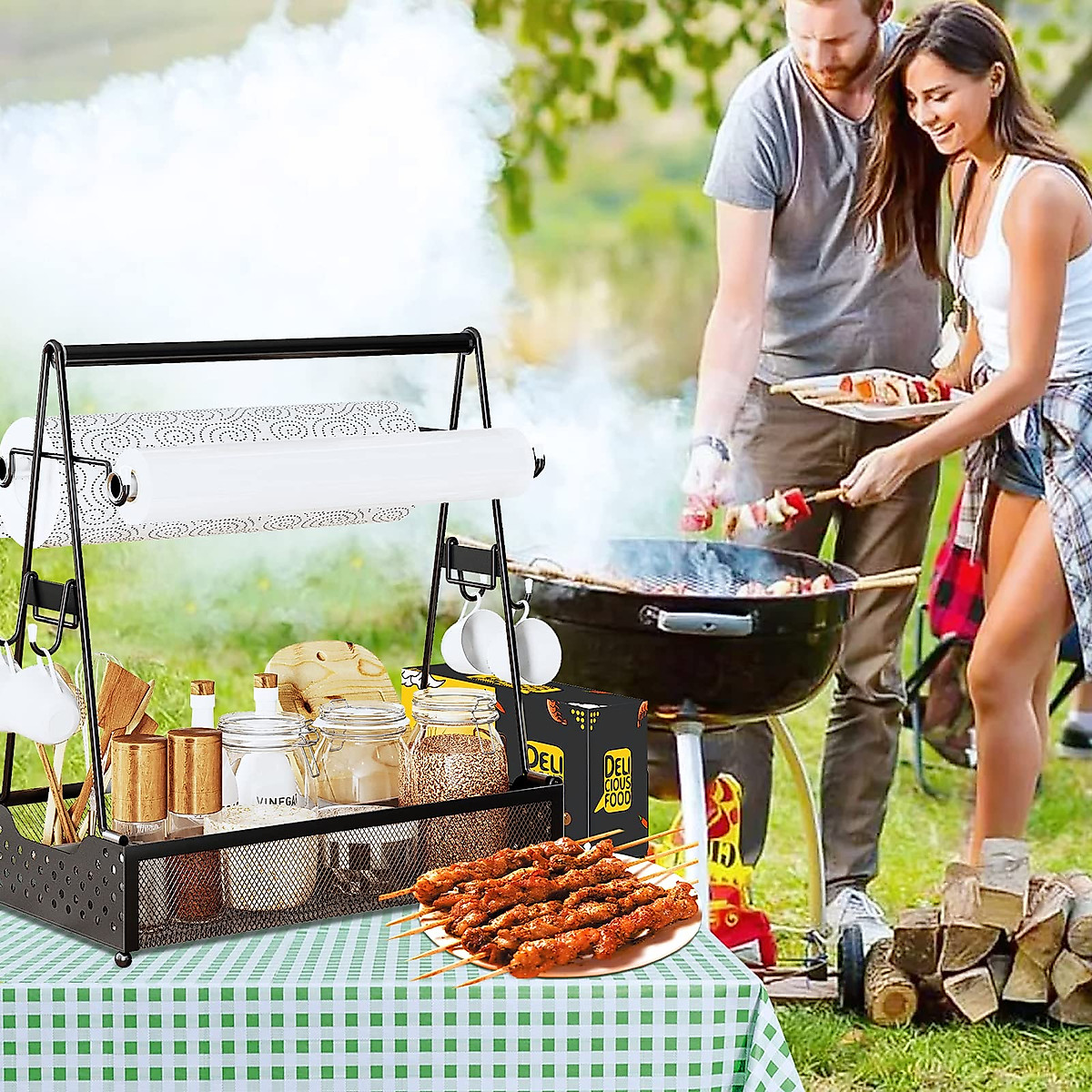 ALIKZO Large Grill Caddy, BBQ Caddy, Utensil Caddy for Camping, Condiment Caddy Silverware Holder, Utensil Holder for Party, with Handle & Paper Towel Holder, Grill Utensil Organizer