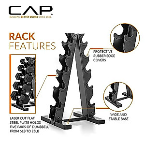 CAP Barbell 150 LB Coated Hex Dumbbell Weight Set with Vertical Rack, Black, New Edition