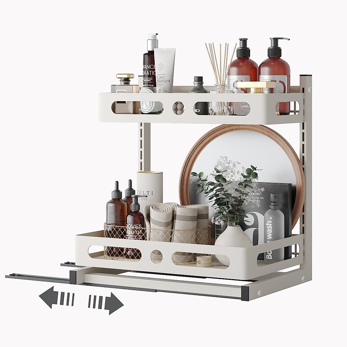 NETEL Under Sink Organizer,Pull Out Sliding Cabinet Basket Organizer 2 Tier Under Bathroom Storage Rack, Multi-Use for, Height Adjustable, With PP Frosted Pad, With strong double-sided adhesive, White