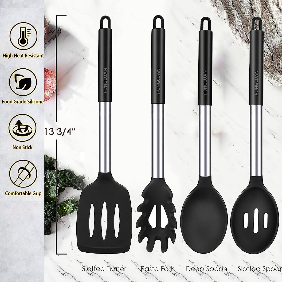 FONGLUAN Kitchen Utensils, Set of 4, Silicone Cooking Utensils Set with Stainless Steel Handle, Turner/Spatula, Spoons, Pasta Fork - Heat Resistant, Nonstick Cookware, Dishwasher Safe, Black