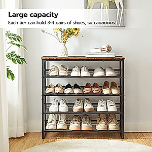 HOOBRO Shoe Rack, 5 Tier Shoe Organizer, Adjustable Shoe Shelves, Flat or Slanted, Holds 16-20 Pairs, Stable and Durable for Entryway, Closet, Rustic Brown and Black BF08XJ01