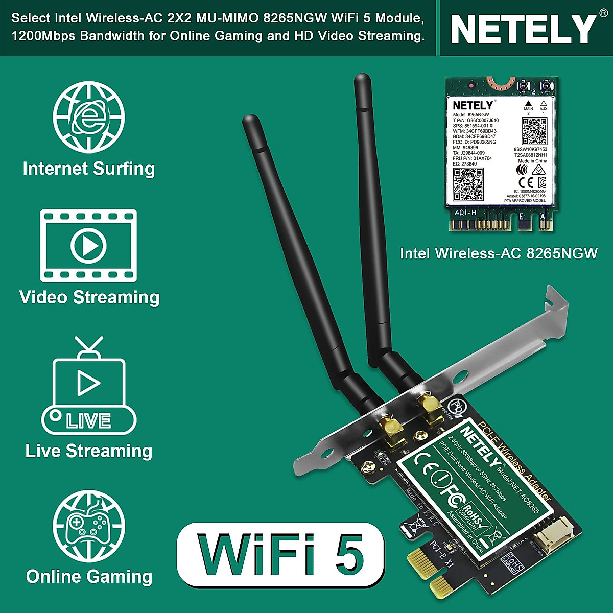 NETELY Dual Band Wireless-AC 1200Mbps PCIE WiFi Adapter with Bluetooth 4.2 for Windows 7, 8.x, 10, 11 64bit System Desktop PCs, 2.4GHz 300Mbps and 5GHz 867Mbps PCIE WiFi Card (NET-AC8265)