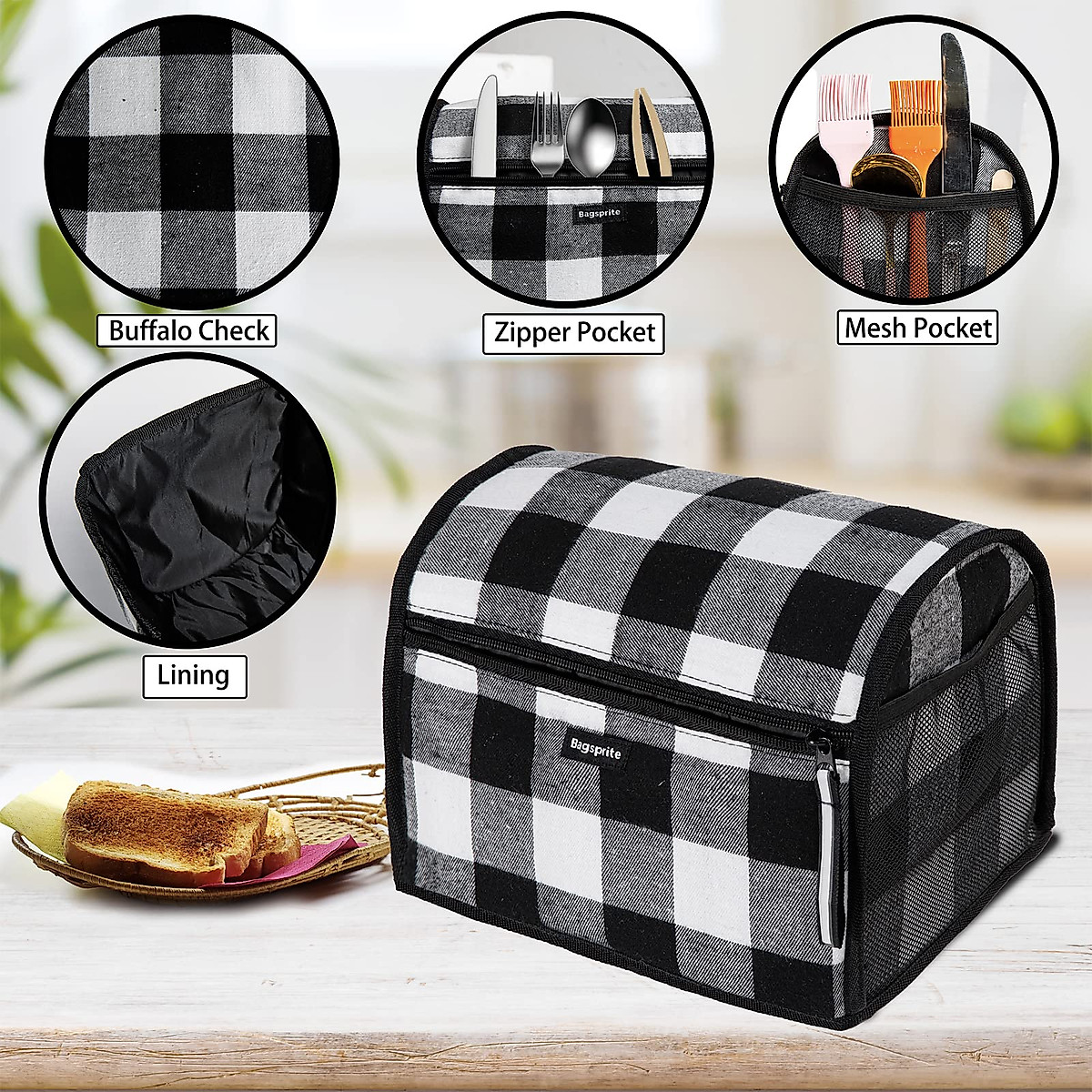 BAGSPRITE Toaster Cover 2 Slice Wide Slot, Toaster Oven Cover Compatible with Cuisinart, Small Bread Cover, 2 Slice Toaster Covers with Zipper Pockets Buffalo Check (Cover Only)