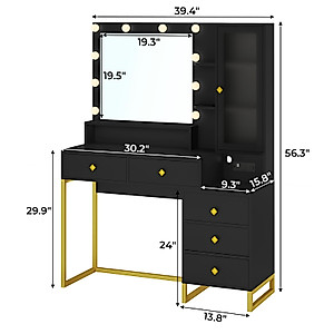 BTHFST Large Vanity Desk with Mirror and Lights, Makeup Vanity with Lights and Charging Station, Vanity Table with 5 Drawers and Storage Shelves, Makeup Desk with Nightstand, Black and Gold