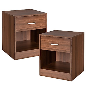 Giantex Walnut Nightstand Set of 2, Farmhouse Bedside Table with Drawer and Open Storage Cabinet, Wood Night Stand, 2-Tier Sofa Side Table for Bedroom Office, Walnut
