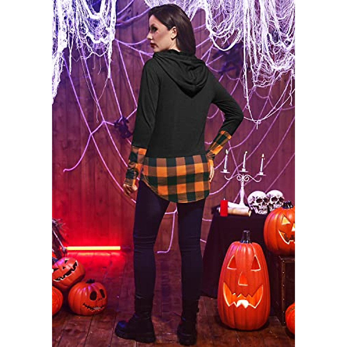 For G and PL Womens Halloween Long Plaid Sleeve Tops Shirts Skeleton Skull Hoodie Sweatshirt Black M