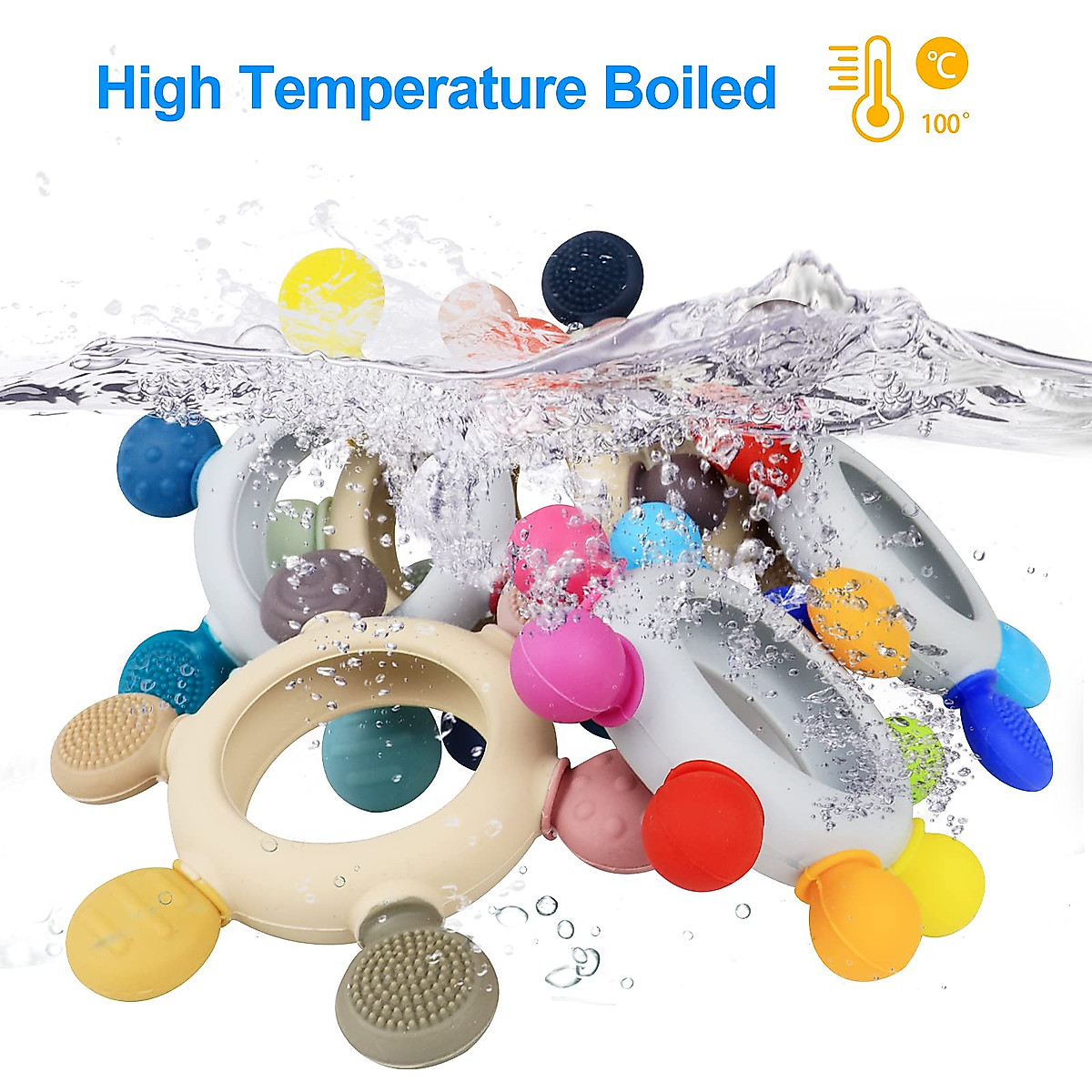 Arudyo Baby Teething Toys Silicone Teethers BPA Free Silicone Rudder with Wooden Ring Soothe Babies Gums (Gray)