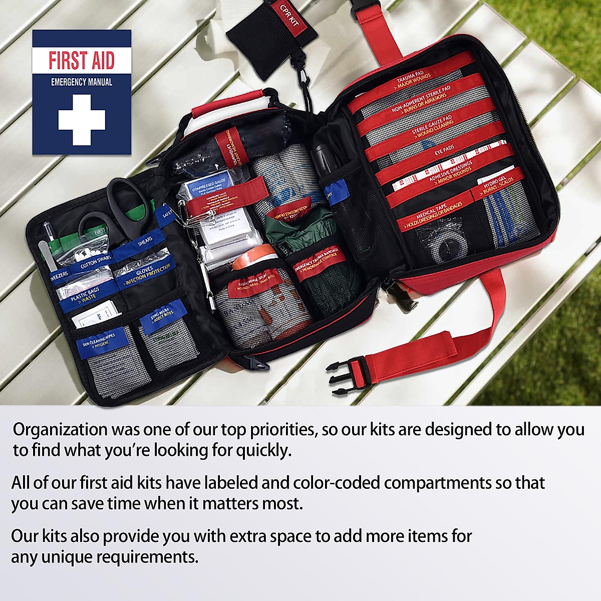 Advanced First Aid Kit, Comprehensive Trauma First Aid Kits with Labelled Compartments for Cars, Home, Office, Backpacking, Camping, Traveling, and Cycling - 230 Piece