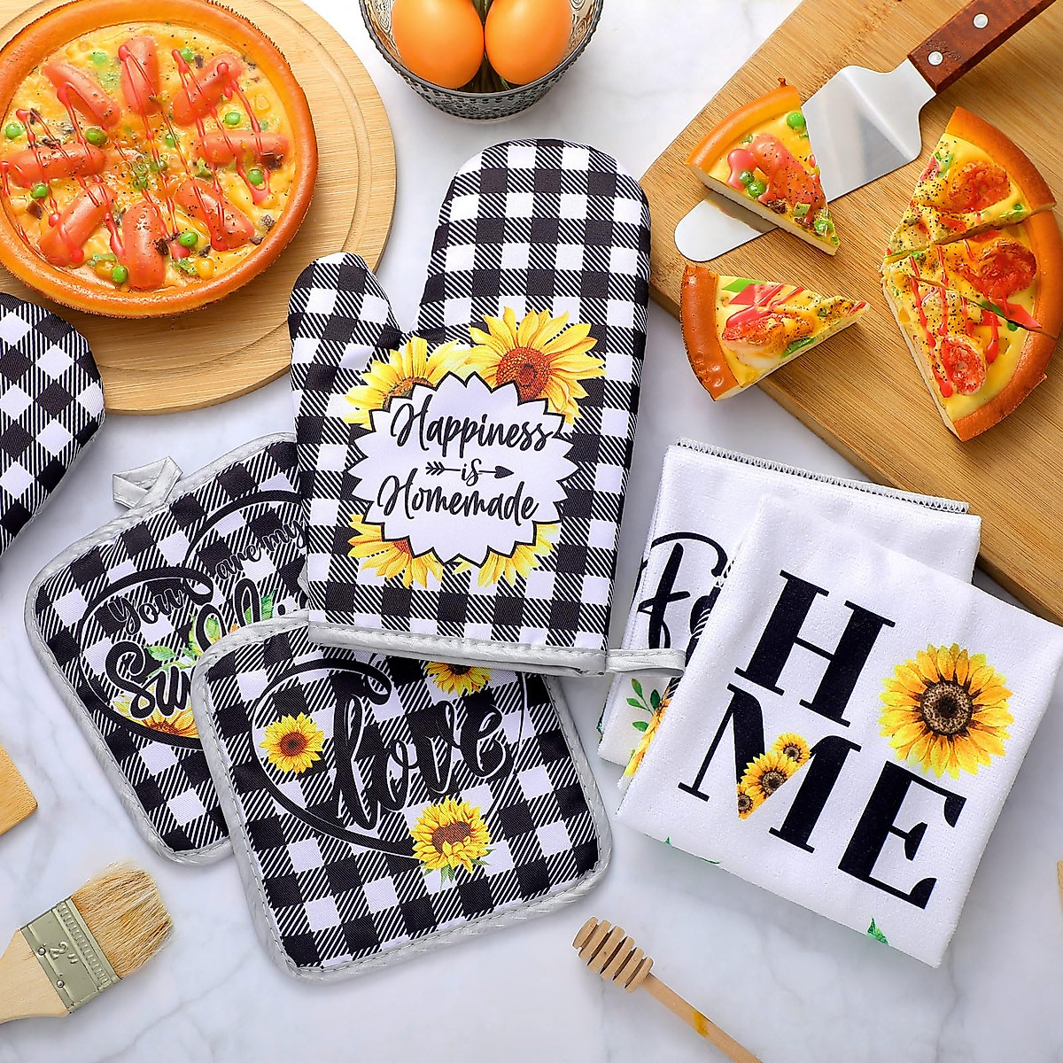 Leinuosen 6 Floral Plant Oven Mitts and Pot Holders Sets Farmhouse Kitchen Towels Absorbent Dish Towels for Cooking Baking Grilling(Classic Color,Plaid Sunflower)