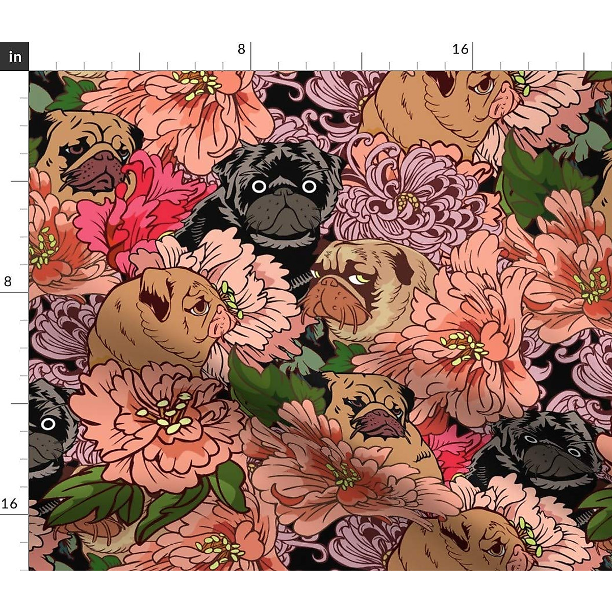 Spoonflower Fabric - Pugs Pug Flowers Dogs Pet Printed on Petal Signature Cotton Fabric Fat Quarter - Sewing Quilting Apparel Crafts Decor