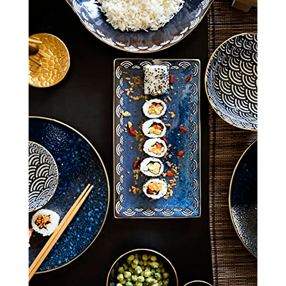 Mikasa Satori Japanese Serving Platter with Wave Pattern Border and Real Gold Rim, Porcelain, Indigo Blue/White, 15.5 x 28 cm