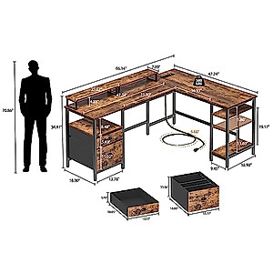 Furologee 66” L Shaped Desk with Power Outlet, Computer Desk with File Drawer & 2 Monitor Stands, Home Office Desk with Storage Shelves, Corner Desk for Gaming Writing, Work Study Table, Rustic Brown