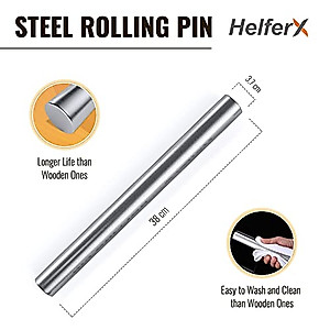 HelferX 15 inch Long Stainless Steel Rolling Pin for Baking - Perfect for Fondant, Dumpling, Ravioli, and Pizza Dough