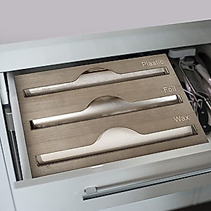 Wooden Foil and Plastic Wrap Organizer with Cutter Serrated Edge Dispenser, Kitchen Drawer or Wall Mounted Storage, Roll Holder for Cling, Aluminum, Parchment Paper, or Wax Rolls