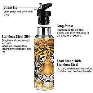 Tiger Water Bottle Kids Thermos Bottle with Straw Lid Animal Kids Insulated Stainless Steel Water Flask Leakproof Thermos Bottle for Gym Outdoor 20 oz