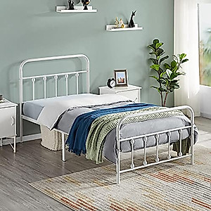 Topeakmart White Sturdy Metal Platform Bed Frame Mattress Foundation Iron-Art with Classic Victorian Style Headboard and Footboard Under Bed Storage No Box Spring Needed Twin Size