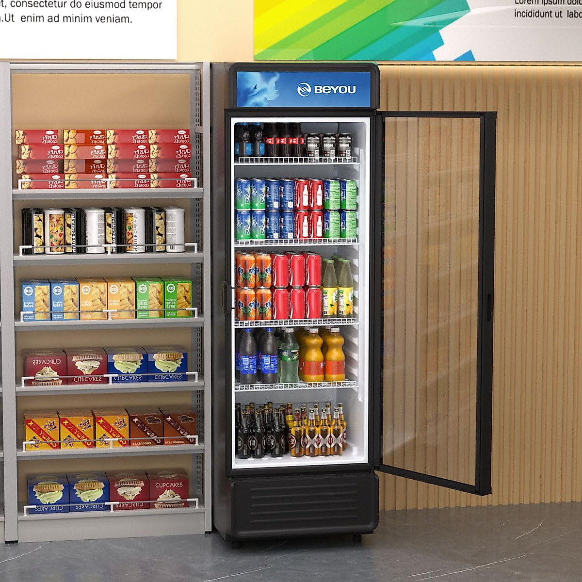 BEYOU Commercial Refrigerator, 12.2 cu. Ft Upright Beverage Display Merchandiser with single Glass Door, Drink Cooler for Living Room,Bar,Garage（Black）